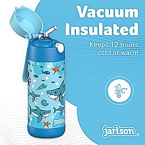 JARLSON kids water bottle with straw - CHARLI - insulated stainless steel water bottle - thermos - girls/boys (Shark 'Star', 12 oz)
