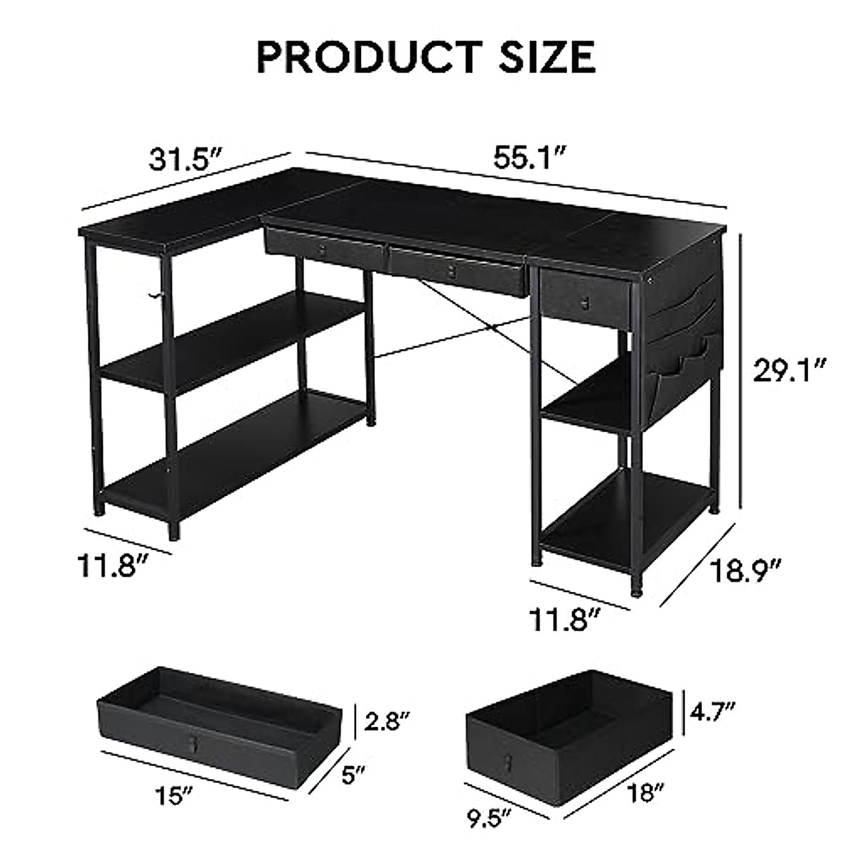 Ｍａｉｈａｉｌ Maihail Home Office Desk with Drawers and Shelves, 55” Computer Corner Desk for Small Space, Small L Shaped Desk with Side Storage for Bedroom, Black