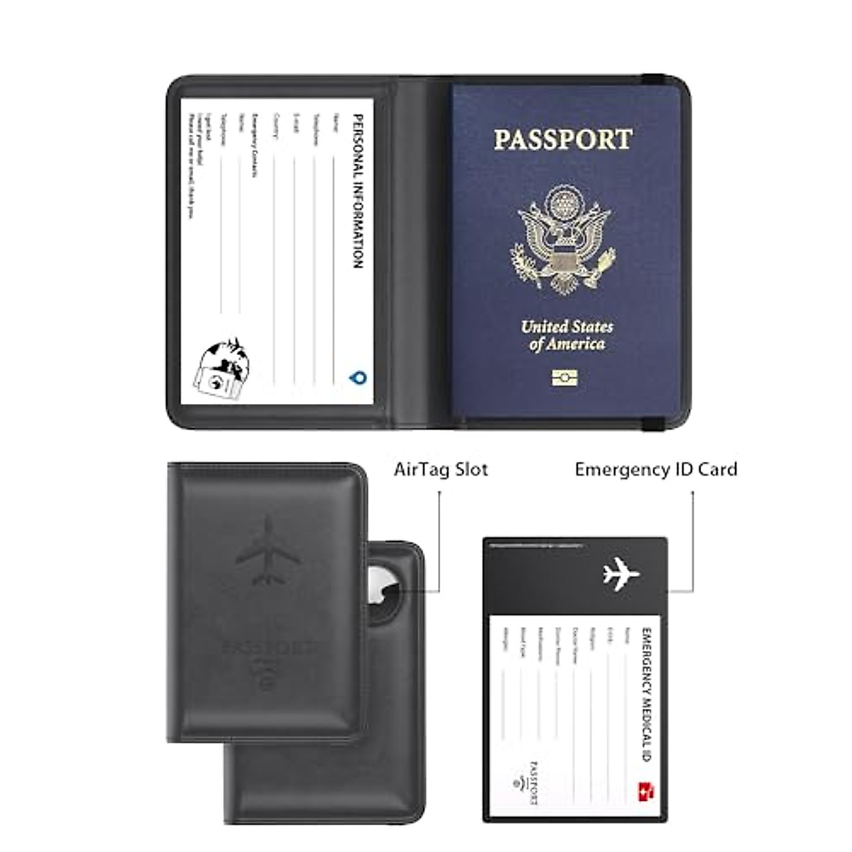 Stouchi AirTag Passport Holder, Passport Holder with Airtag Slot, Passport Wallet Cover for Men, Family Leather Passport Protector Case, Anti-Lost Travel Essentials, Grey