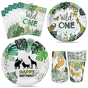 HIPEEWO Wild One Birthday Decorations - Wild One Party Supplies, Including Plates, Napkins, and Cups, 1st Safari Birthday Decorations Tableware Set Serves 24 Guests 96 Pieces