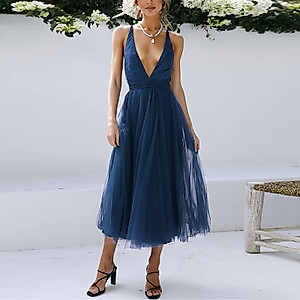 Women Deep V Neck Tulle Dress Spaghetti Strap Backless Party Wedding Cocktail Midi Dress Ladies Dresses Sleeves Dark Blue
