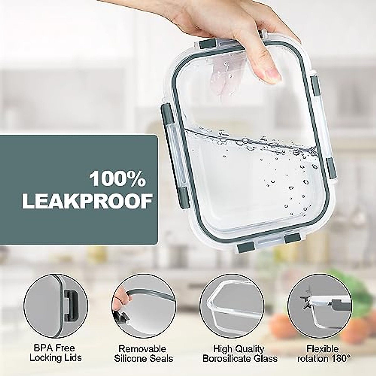 VERONES 10 Pack 22 OZ Glass Meal Prep Containers, Airtight Glass Lunch Containers Set, Glass Food Storage Containers with Lids,BPA-Free, for Microwave, Oven, Freezer & Dishwasher Friendly,Grey