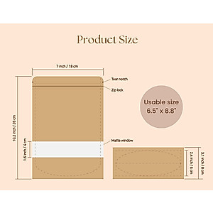 100PCS Stand Up Pouches with Window, Kraft Ziplock Pouch bags, 7"x 10.2", Reusable Stand Up Bags, Resealable & Heat Sealable Odor Free Food Storage Bag, Packaging for Small Business & Home Use [LEAF]