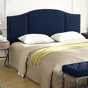 24KF Middle Century Linen Upholstered Tufted King Headboard with Antique Brass Nail Heads Trim King/California King headboard 60232-K-Navy Blue