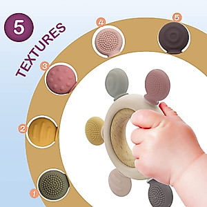 Baby Teething Toys Silicone Chewable Teethers BPA Free Silicone Rudder with Removable Wooden Ring for Soothing Babies Gums Teethers for Babies 0-24 Months (Beige,6 Directions)