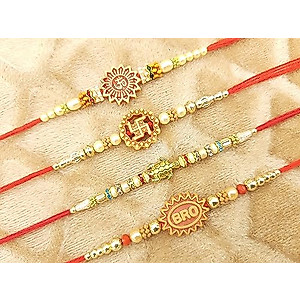 Rakhi for Brother Sister celebration. Designer Multicolor Stones Rakhi Gift, Wrist bands for loving, Brother, Sister, Father & family. (Rakhi Des.4- Om, Bro &Good Luck Tortoise Set of 4, Small)