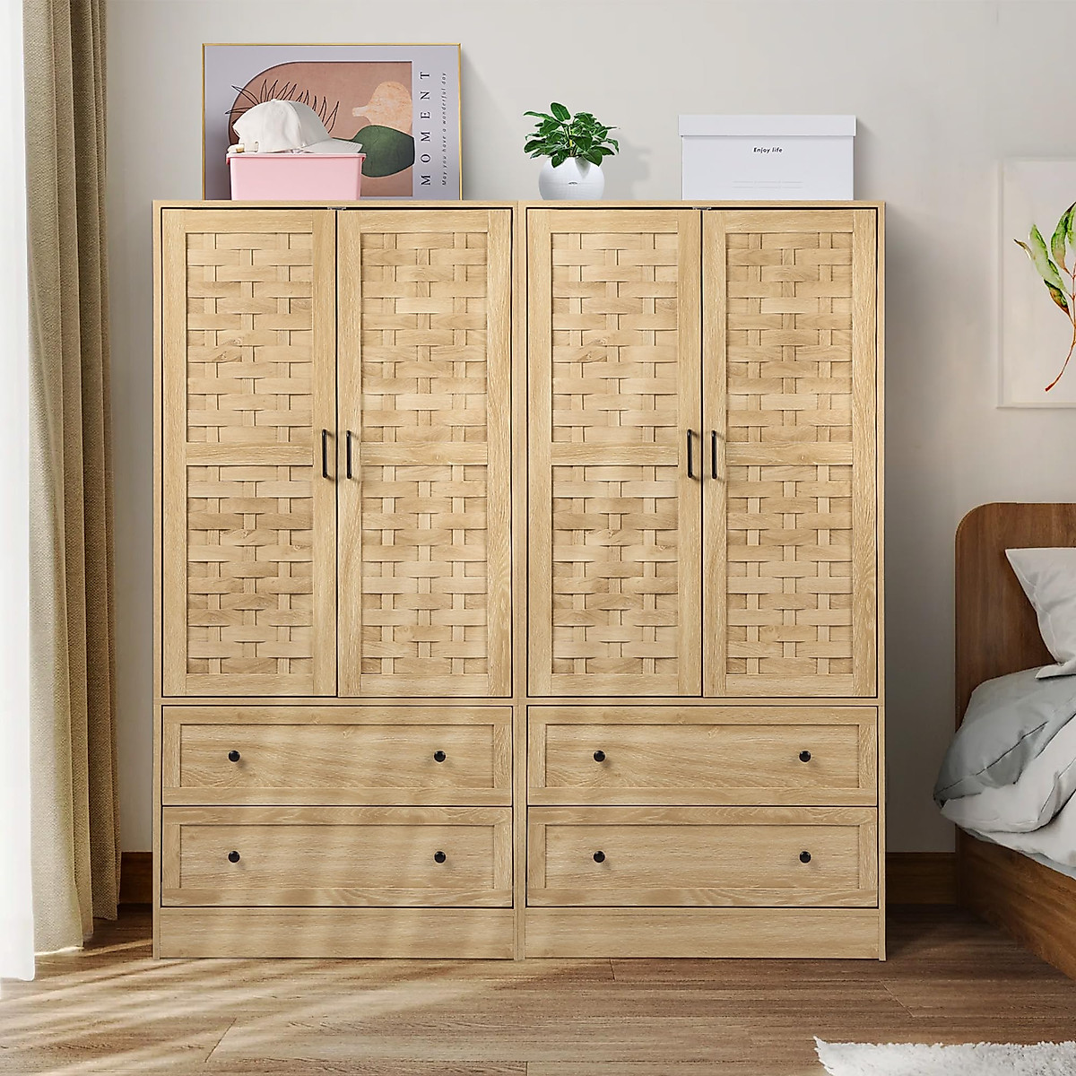 QEIUZON Wardrobe Closet, Freestanding Closet Wardrobe Cabinet with Wide Drawers & Hanging Rod, Armoire for Bedroom, Kids' Room, Dorm (Natural)