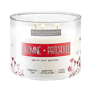Essential Elements by Candle-lite Scented Candles, Jasmine & Patchouli Fragrance, One 14.75 oz. Three-Wick Aromatherapy Candle with 45 Hours of Burn Time, Off-White Color