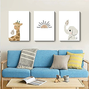 Boho Cartoon Animal Kids Room Decor, Cute Giraffe Elephant Sun Canvas Nursery Wall Art for Baby Girls & Boys Playroom Bathroom Bedroom