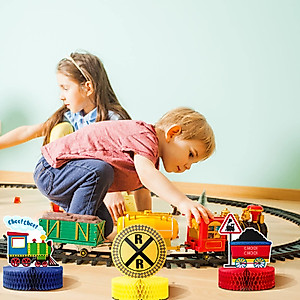 9 Pcs Railroad Train Crossing Theme Honeycomb Centerpieces Party Decorations Railway Train Centerpiece Decoration Birthday Railroad Crossing Sign Table Topper Kids' Party Centerpieces Photo Booth Prop