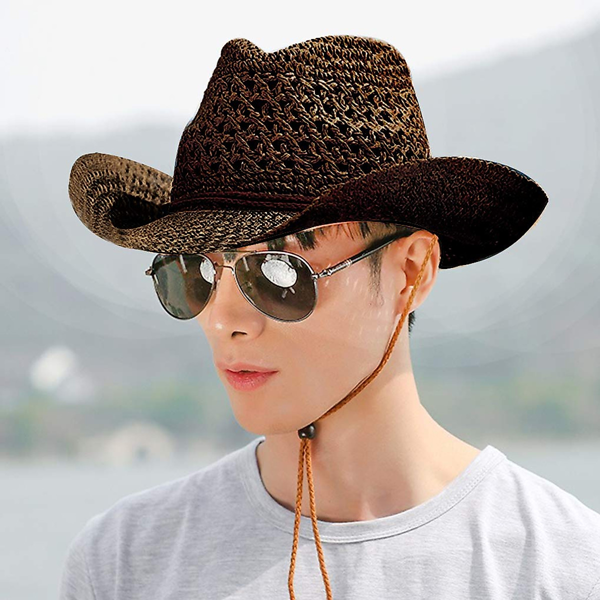 Straw Hat Women Men Cowboy Hat Beach Floppy Sun Hat Brim Summer Sun Hat Fashion Folding Travel Cap UPF50 Sun Visor Hat UV Protection Sunhat Fisherman Bush Hat (Brown)