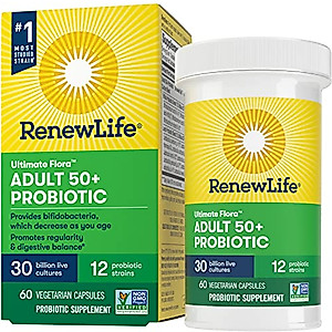 Renew Life Adult Probiotics 50+, 30 Billion CFU Guaranteed, Probiotic Supplement for Digestive & Immune Health, Shelf Stable, Gluten Free, Extra Care, For Men & Women, 60 Capsules
