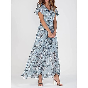 Church Dresses For Women 2023, Floral Dress Flowy Summer Women Sundresses Casual Long Women's Swing Dress Chiffon Short Sleeve Ruffle V Neck Fashion Waist Dress Vacation Dresses (M, Light blue) WSHEMV