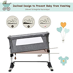 BABY JOY Baby Bedside Crib, Portable Travel Sleeper Bed Side Bassinet w/Carrying Bag, Newborn Bassinet to Infant, Kids Crib with Detachable Mattress, Height & Angle Adjustable, Breathable Mesh, Grey