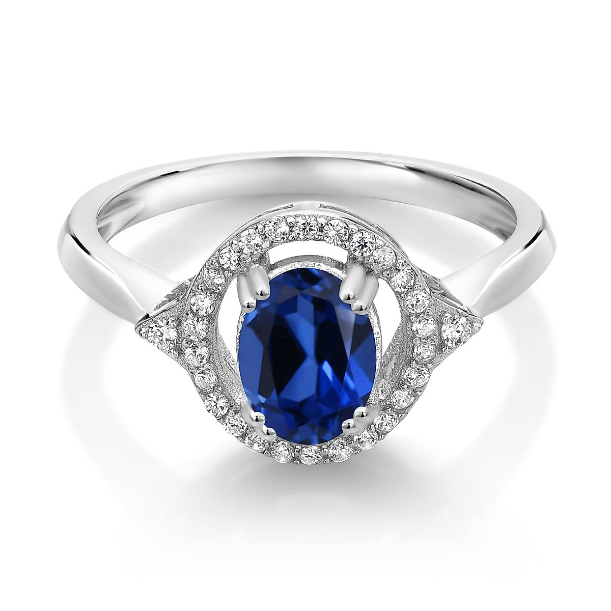 Gem Stone King 925 Sterling Silver Blue Created Sapphire Ring For Women (1.34 Cttw, Oval 7X5MM, Available In Size 5, 6, 7, 8)