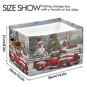 Christmas Red Truck Snowman Storage Basket Decorative Winter Xmas Tree Bell Fabric Basket Bins Foldable Shelf Closet Bin Storage Box Cube with Handle Organizer Basket for Kids Toys Clothes Bedroom