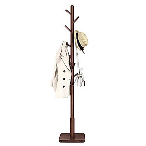 VASAGLE Solid Wood Coat Rack, Free Standing Hall Coat Tree with 8 Hooks, 3 Height Options, for Coats, Hats, Bags, Purses, for Entryway, Hallway, Rubberwood Hooks and Pole, Dark Walnut URCR010W01
