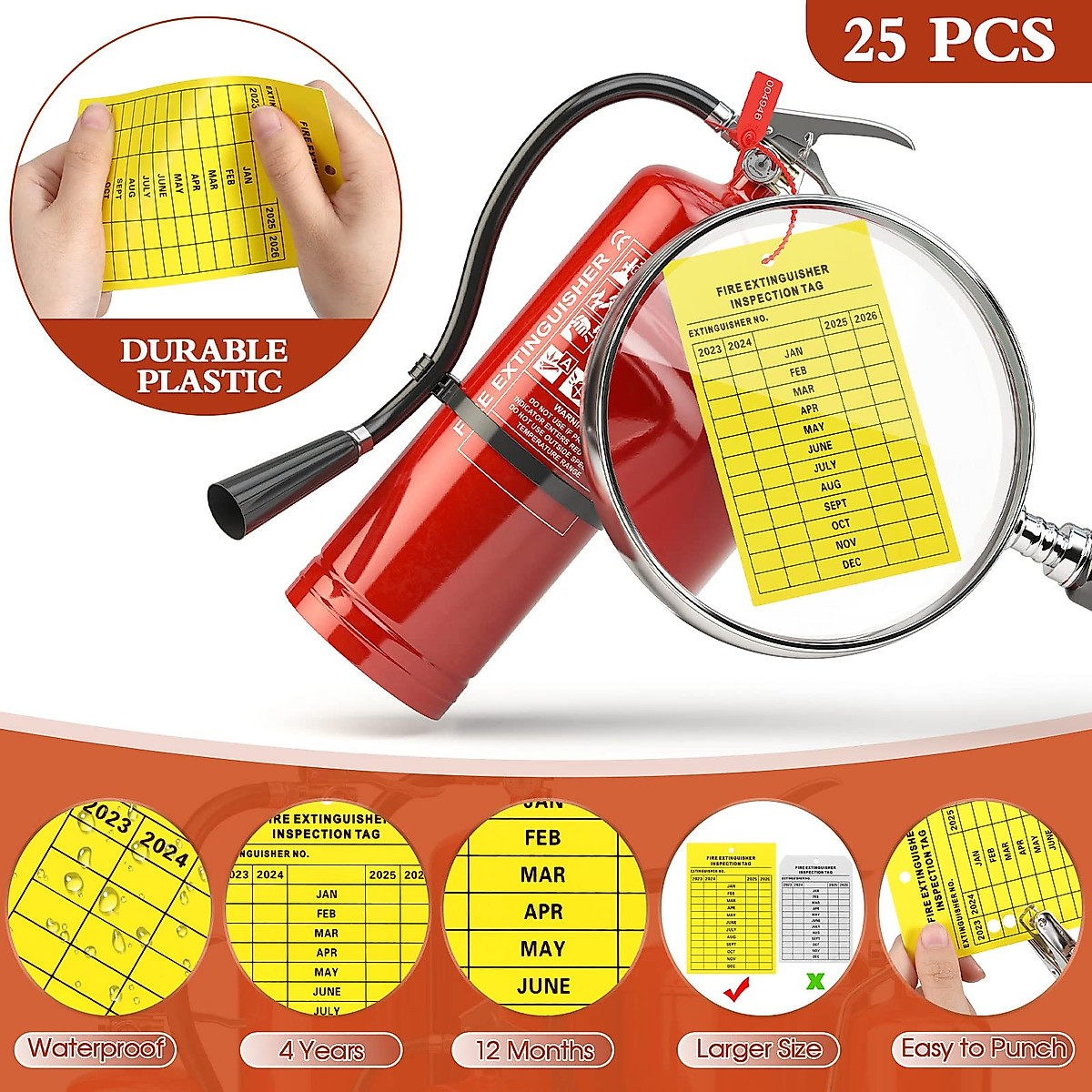 Monthly Fire Extinguisher Inspection Tags Set Including 2023-2026 Maintenance Tags Plastic Tamper Seals Fire Extinguisher Pull Pins Numbered Security Tags with Handheld Hole Puncher (76 Pieces)