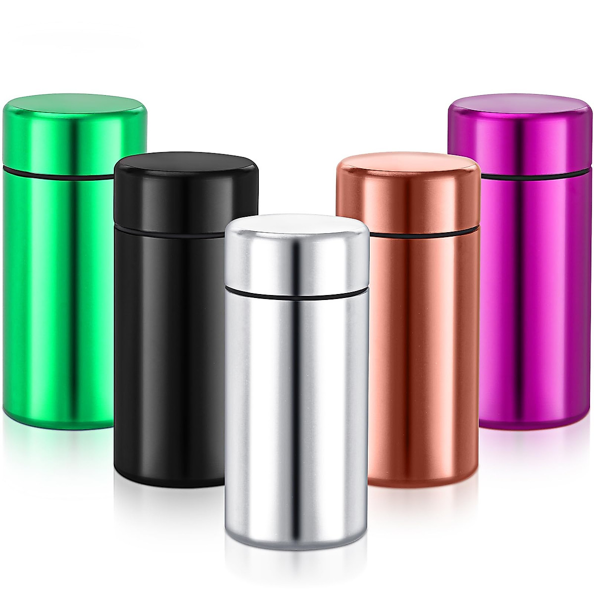 Zhehao 5 Pcs Aluminum Container Storage Container Miniature Metal Waterproof Containers for Coffee Teas Screw Top Lid Lock Odor 1.7 oz(Black, Silver, Rosy Gold, Purple, Green)