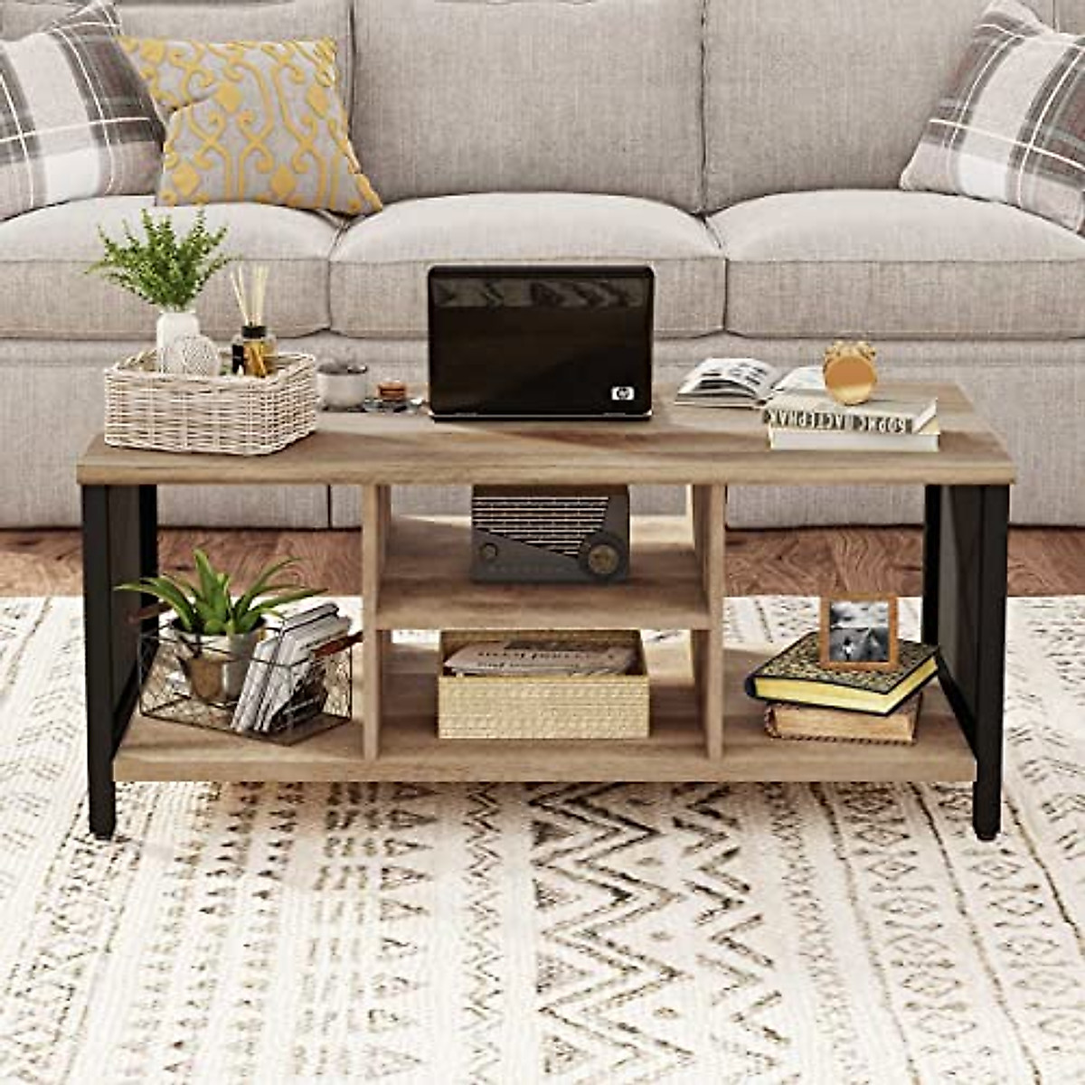 FATORRI Coffee Table for Living Room, Rustic Wood Center Table with Shelves, Farmhouse Rectangle Cocktail Tea Tables (Rustic Oak)