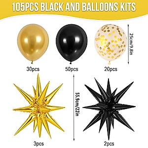 105 Pcs Black and Gold Balloons Kit, 22 Inch Gold Explosion Star Aluminum Foil Balloons Confetti Balloon for Birthday, Graduation, New Year, Wedding, Baby Shower, Party Decorations Supplies