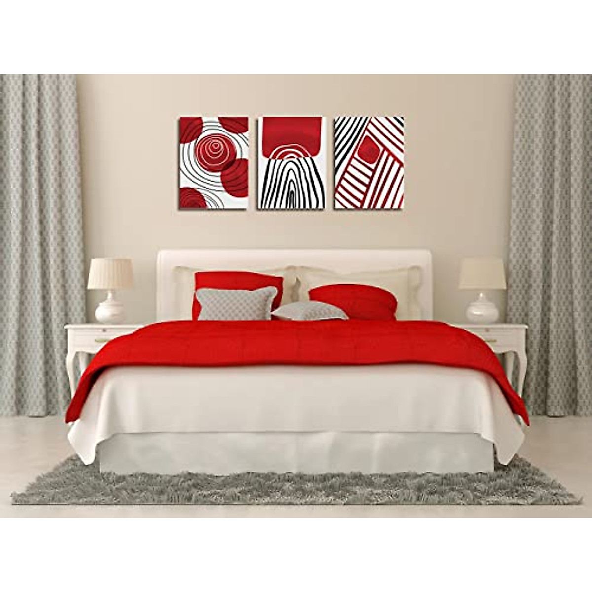 Red Theme Abstract Boho Wall Art Decor Black and White 3 Pieces Stretched and Framed Canvas Painting Black Ink Geometry Wall Art for Living Room Home Office Bathroom Bedroom Wall Decor 12"x16"x3