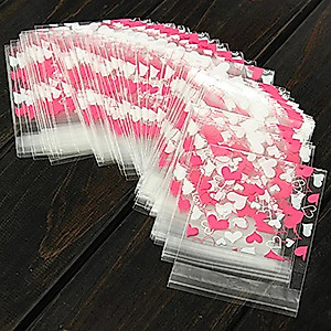 RAYNAG 200 Pcs Resealable Cellophane Bags Self Adhesive Cookie Cello Bags Lovely Heart-shaped Printed Poly Candy Bags for Dessert, Party Treats, Bakery, Candle, Soap, 3.74"x2.75"