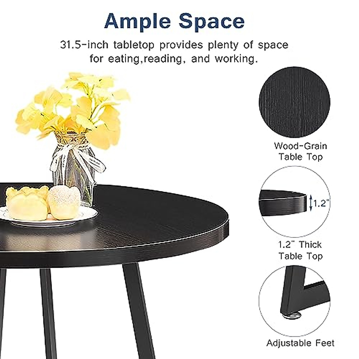 VECELO 3 Piece Kitchen Dining Room Set, Wood Round Table for Breakfast Nook Small Space, Dinette with 2 Cushioned Chairs, Matte Black