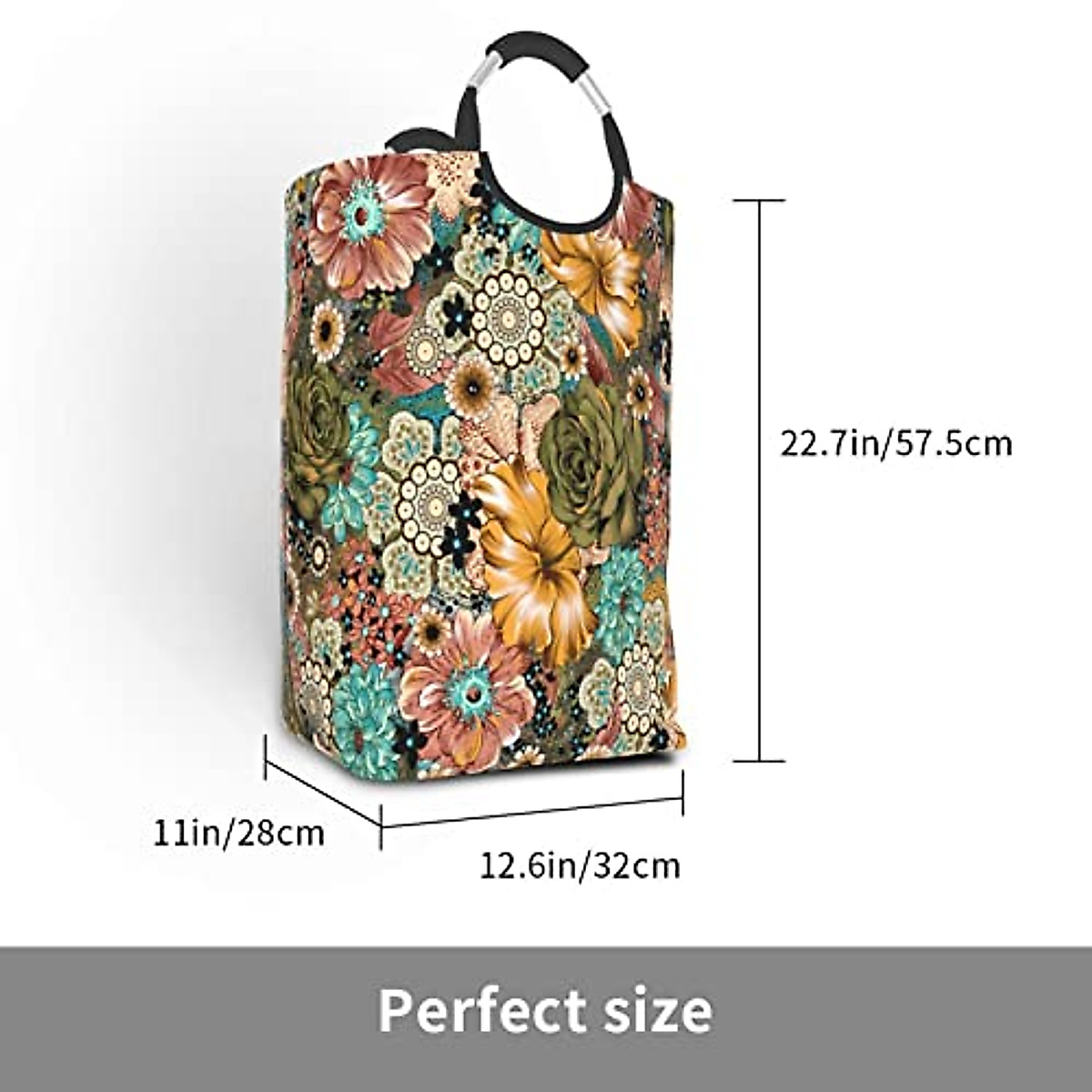 SongYi Boho Laundry Basket with Handles, Collapsible Waterproof Laundry Bag Washing Bin, Bohemian Flowers Pattern Large Foldable 50 L