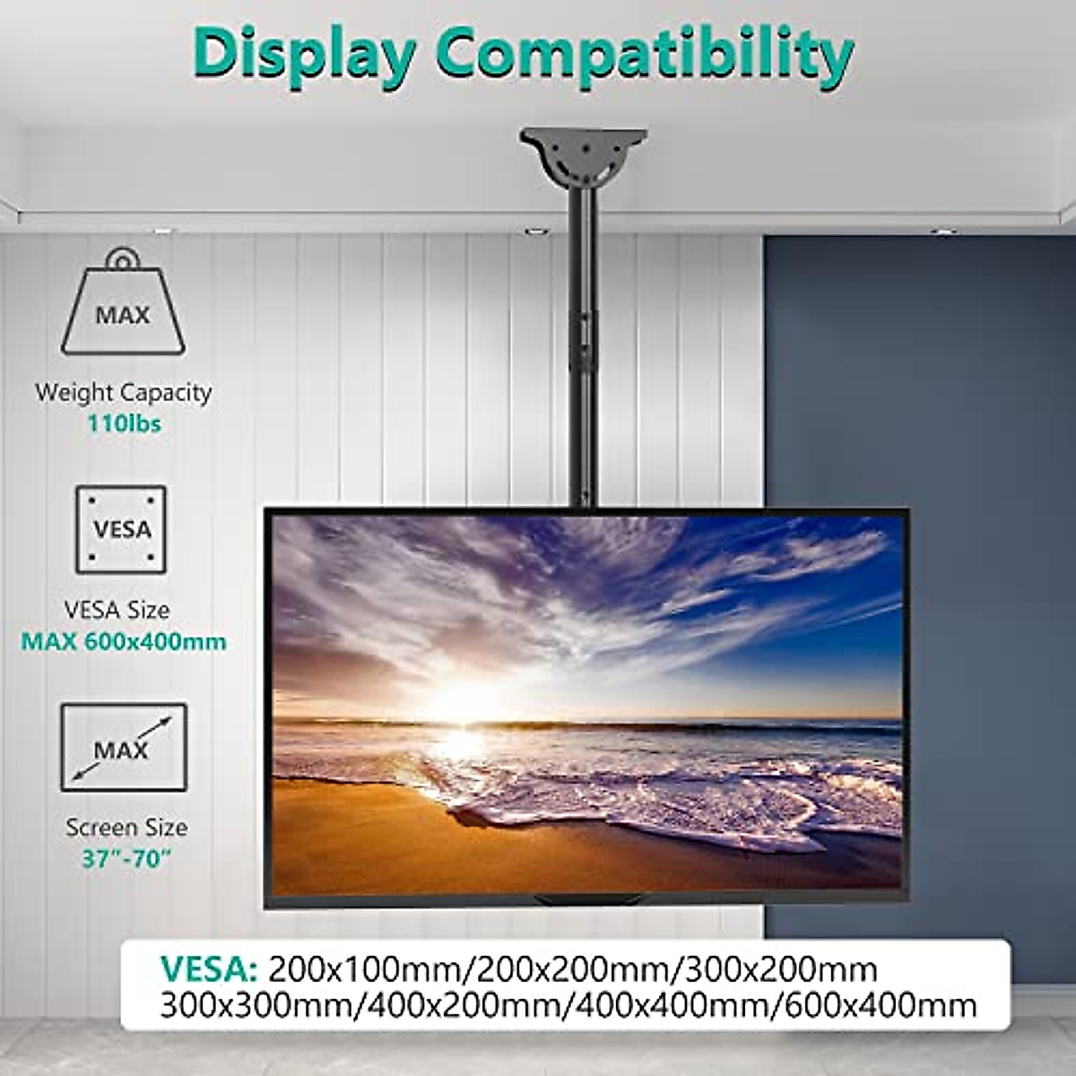 WALI Ceiling TV Mount, Full Motion Adjustable TV Mount Bracket Fits Most Ultrawide LED, LCD, OLED 4K TVs 37 to 70 inch, up to 110lbs, VESA 600x400mm (CM3770), Black