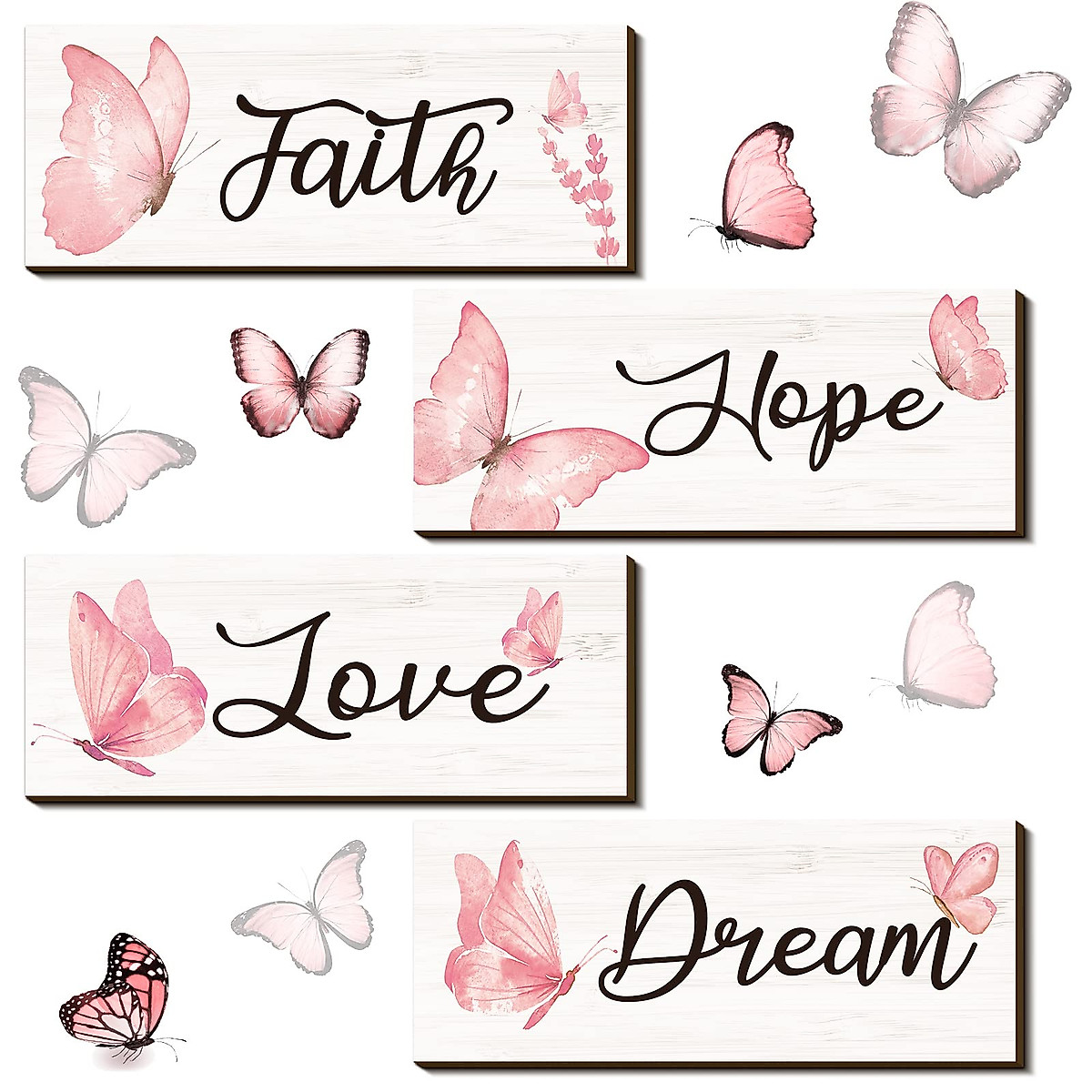 4 Pieces Faith Hope Love Dream Wall Decor Elegant Spring Butterfly Wooden Hanging Decoration Art Butterfly Room Wall Rustic Living Room Accessories for Bedroom Decor(10 x 4 x 0.2 Inch,Pink)