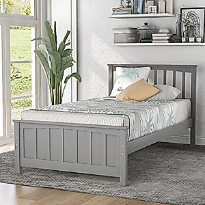 ZJIAH Twin Size Solid Wood Platform Bed Frame with Headboard and Footboard, Single Bed Wooden Slat Support for Teens Adult Bedroom Guest Room, Space Saving, No Box Spring Need, Gray