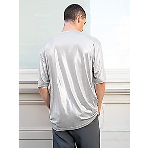 WDIRARA Men's Metallic Crewneck Short Sleeve Party Club Oversized Tee Shirt Top Silver M