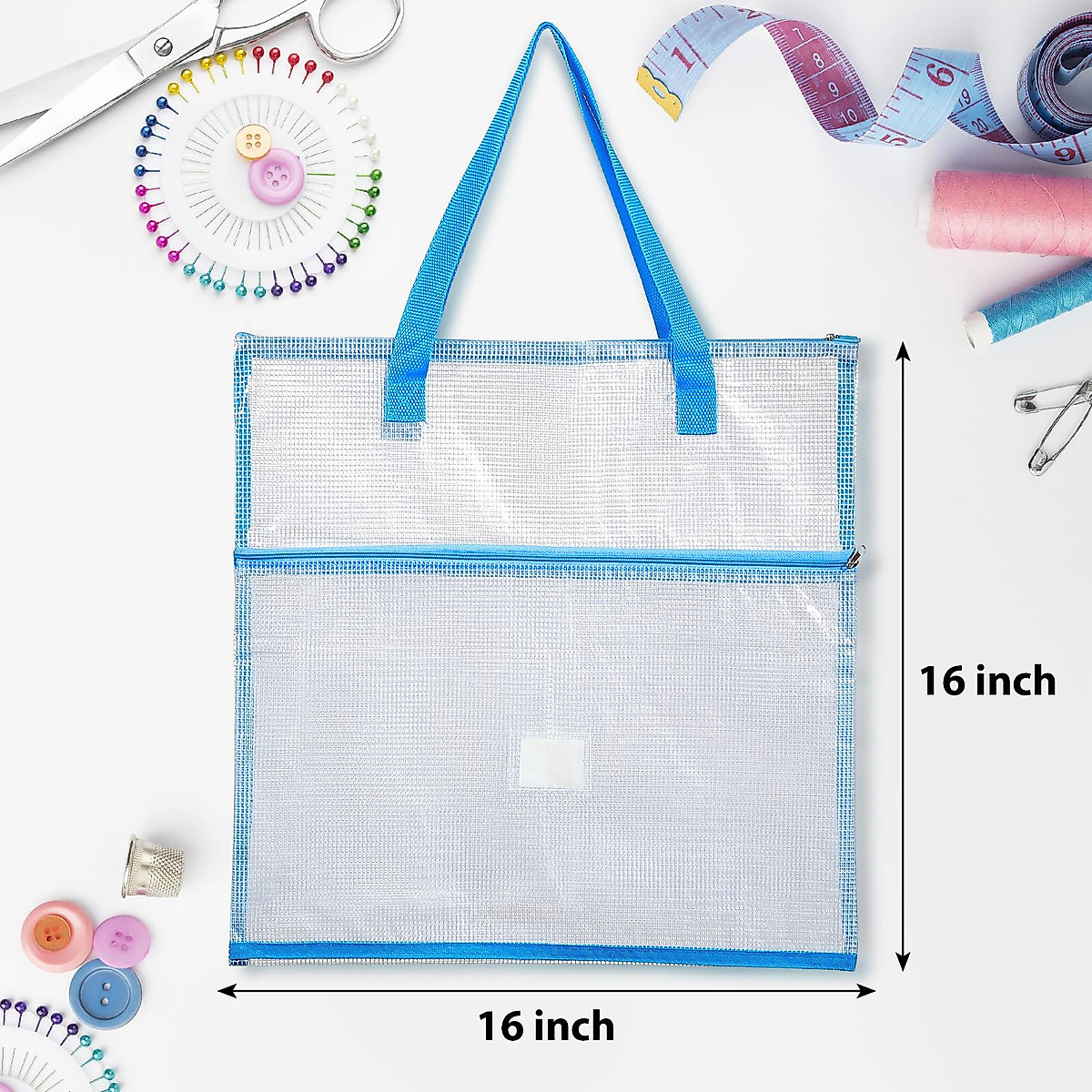 Cosblank 16.1x16.1inches Sew Project Bag Jumbo Sew Quilting Bag for Quilters and Crafter Portable and Organized Craft Storage Mesh Vinyl Zipper Storage Bag for Art Craft and Wearable Craft