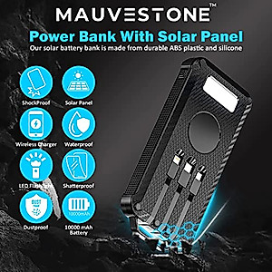 MauveStone Solar Power Bank - Portable Charger with LED Flashlight - Wireless Charging Enabled, with Built-In USB-C, Micro-USB & Cable Compatible with Apple & Android Phones - Waterproof