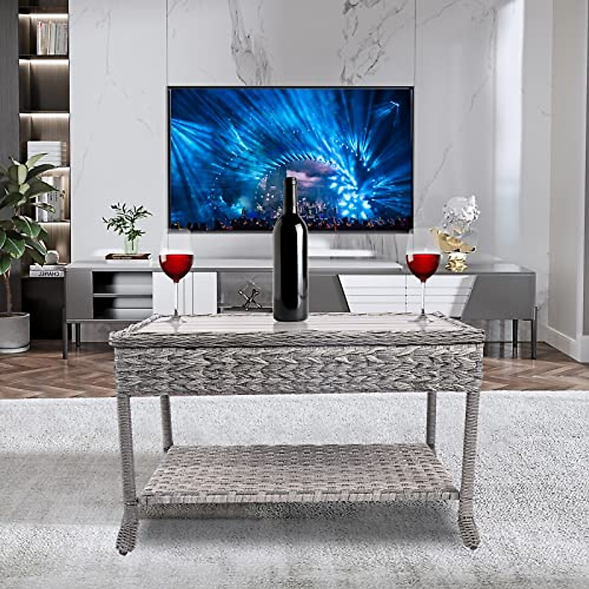 Koruiten Wicker Outdoor Coffee Table with Storage Shelf, All Weather Resin Rattan Patio Coffee Table with Wood Top for Outside Porch Backyard