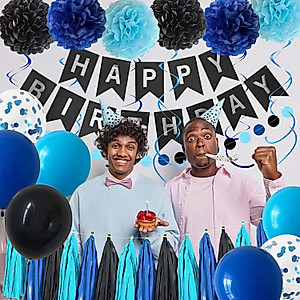 Black Blue Birthday Party Decorations for Men Boys with Happy Birthday Banner,Hanging Swirls,Tissue Paper Pompoms,Circle Dots Garland,Tassel Garland and Blue Birthday Balloons