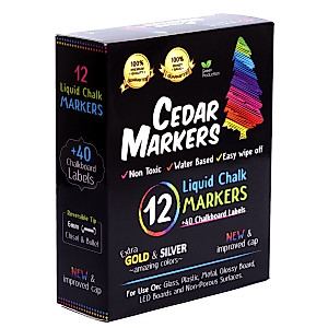 Cedar Markers Liquid Chalk Markers - 12 Pack With 40 Chalkboard Labels - Bold Neon Color Pens Including Gold And Silver Paint. Dry Erase Markers for Windows, Glass, Chalkboard with Reversible Tip.