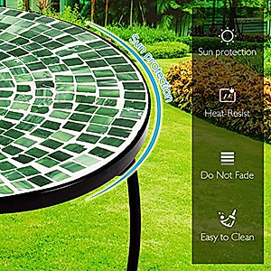 GRAFFY Outdoor Mosaic Side Table, 14 Inch Patio End Table, Round Printed Glass Table with Steel Frame for Garden/Yard/Lawn/Balcony and Home Decor Small End Table (Green)