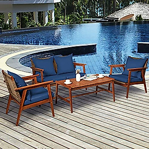 LUKEO Patio Rattan Furniture Set Acacia Wood Frame Cushioned Sofa Chair Navy Single Sofa Loveseat