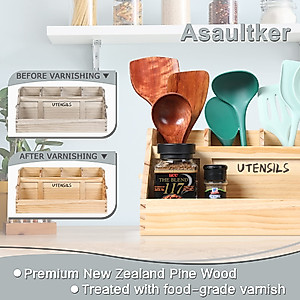 Asaultker Large Kitchen Utensil Holder for Countertop with 5 Compartments, Utensil Holder Kitchen Utensil Organizer with Handles, Wood Utensil Holder for Home Decor (Utensil Not Included)