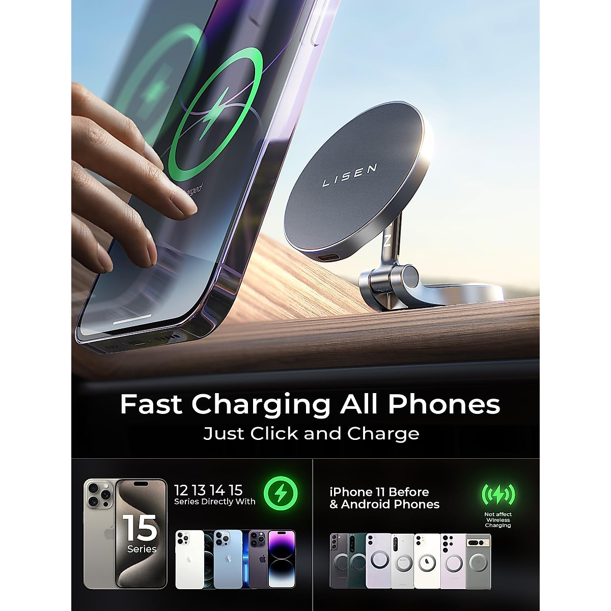 LISEN for Magsafe Car Mount Charger, 15W Fast Charging Ultra Magnetic Car Phone Charger [Mini & Metal], 2024 Magnetic Wireless Car Charger Dashboard for iPhone 16 Pro Max 15 14 13 12, Silver
