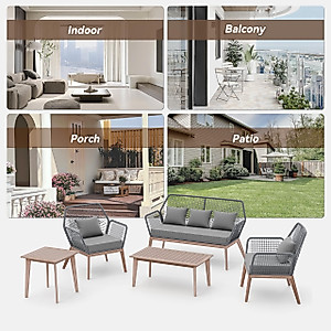 Kullavik Outdoor Patio Furniture Set,5 Pieces Indoor Rope Woven Sectional Sofa Set Modern Oak Patio Conversation Sets with Wooden Table for Balcony,Porch or Backyard,Grey