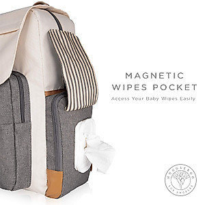Huggleboo Diaper Backpack - Waterproof Canvas Baby Bag with Wipes Pocket Stroller Straps Changing Pad and Laptop Pocket - Unisex Maternity Travel Nappy Bag for Moms Dads Boys and Girls - Beige/Grey
