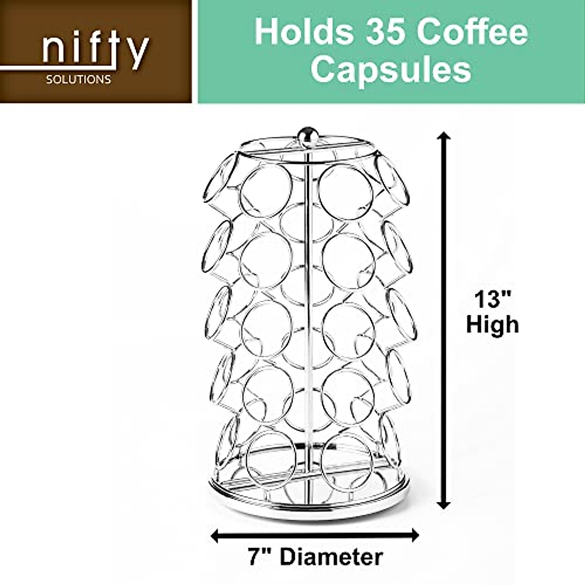 Nifty K Cup Holder – Compatible with K-Cups, Coffee Pod Carousel | 35 K Cup Holder, Spins 360-Degrees, Lazy Susan Platform, Modern Chrome Design, Home or Office Kitchen Counter Organizer