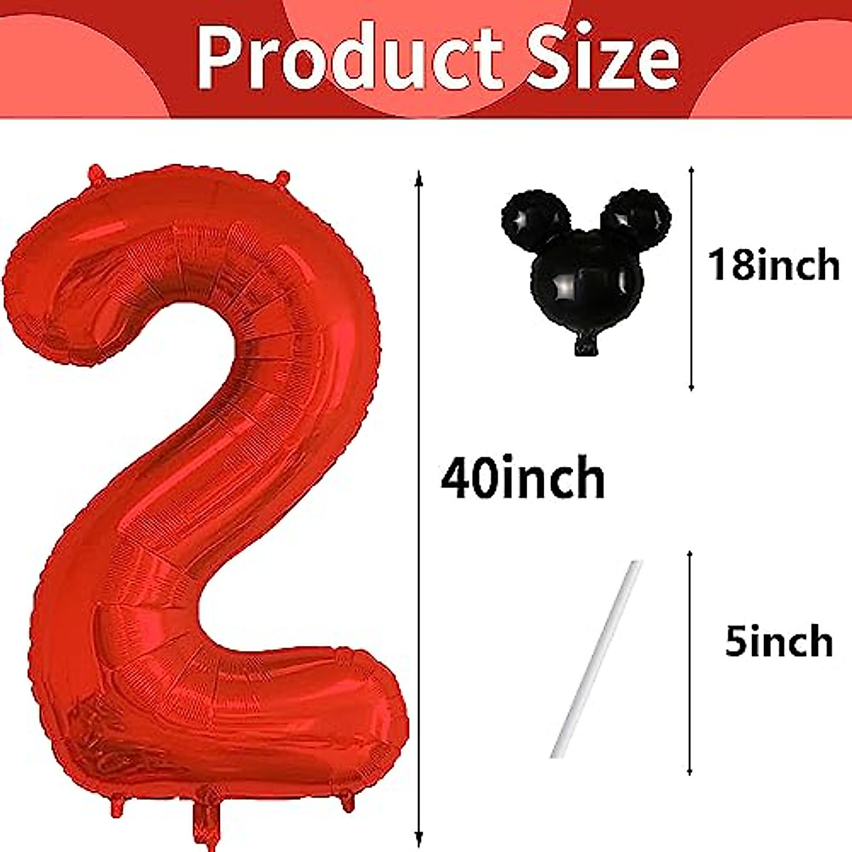 40 inch Red Number 2 Balloon Mini Mouse Head Balloon, Cartoon Mouse Birthday Party Supplies, 2th Birthday Decorations for Kids, Red Theme Party Decoration Supplies
