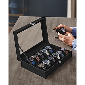 SONGMICS Watch Box, 12-Slot Watch Case with Large Glass Lid, Removable Watch Pillows, Watch Box Organizer, Gift for Loved Ones, Black Synthetic Leather, Black Lining UJWB012B01