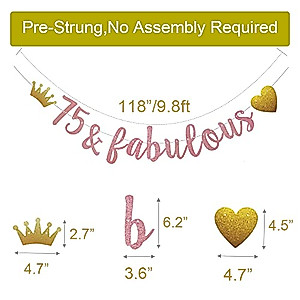 75 & fabulous Banner, Pre-Strung, No Assembly Required, Funny Rose Gold Paper Glitter Party Decorations for 75th Birthday Party Supplies, Letters Rose Gold,ABCpartyland