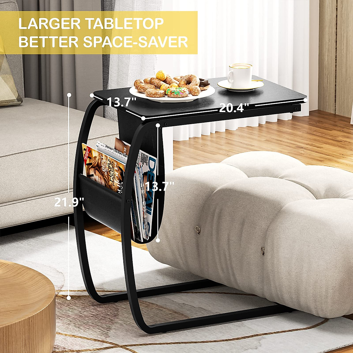SRIWATANA Side End Tables Living Room, Vintage C-Shaped Laptop Table for Couch, Snack Table with Side Pocket, Black