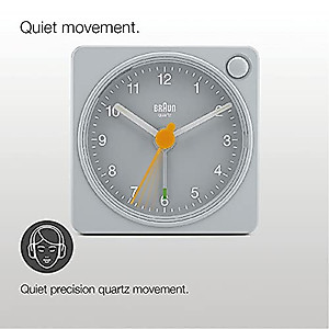 Braun Classic Travel Analogue Alarm Clock with Snooze and Light, Compact Size, Quiet Quartz Movement, Crescendo Beep Alarm in Grey, Model BC02XG